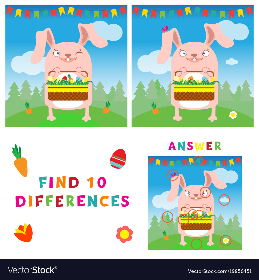 Find ten differences of easter bunny with eggs Vector Image