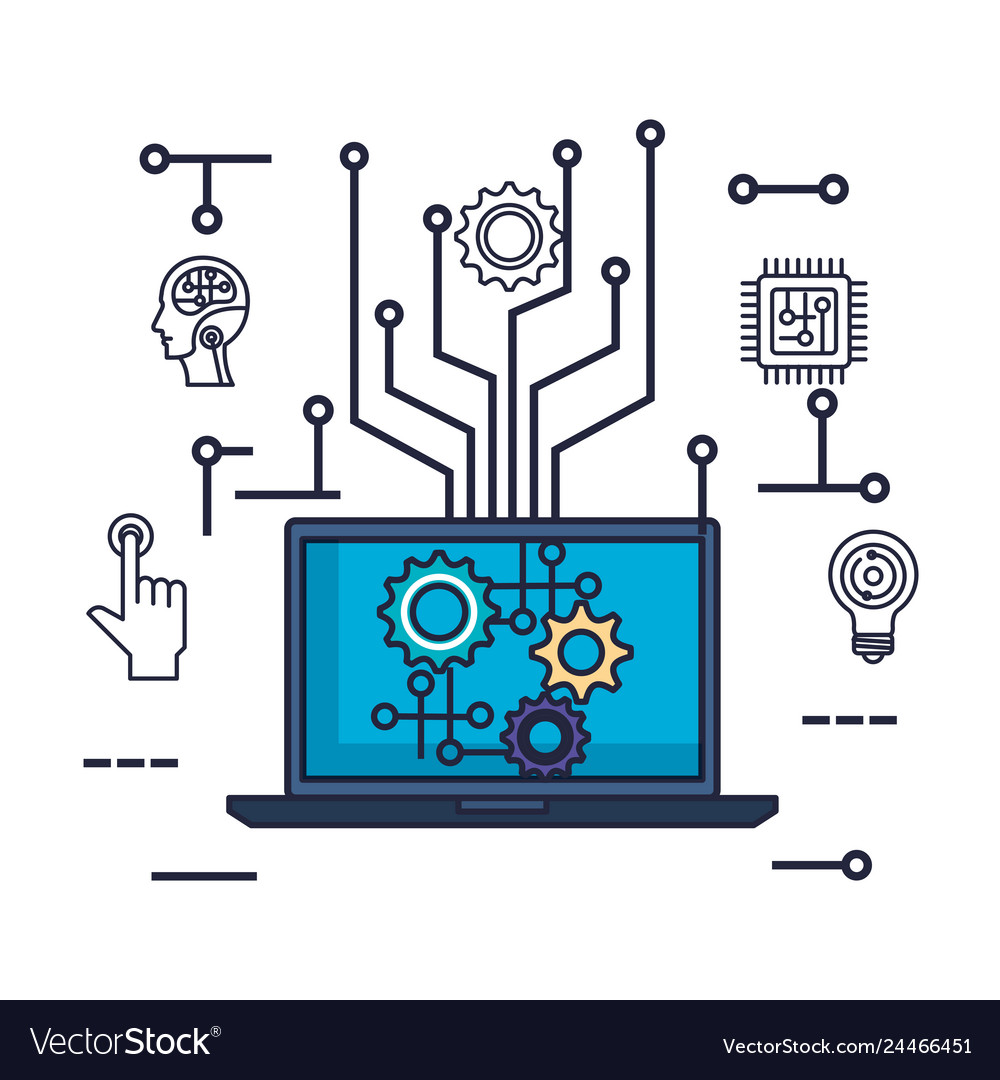 Laptop computer with technology icons Royalty Free Vector