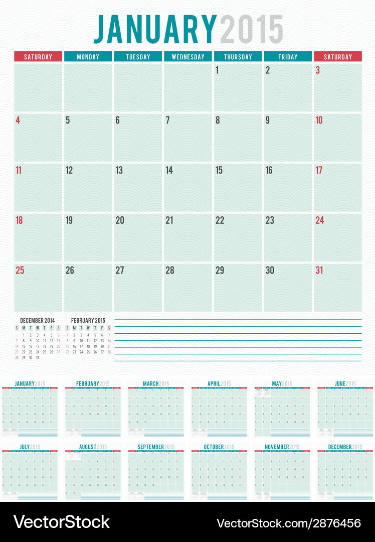 Calendar planner 2015 template week starts sunday Vector Image