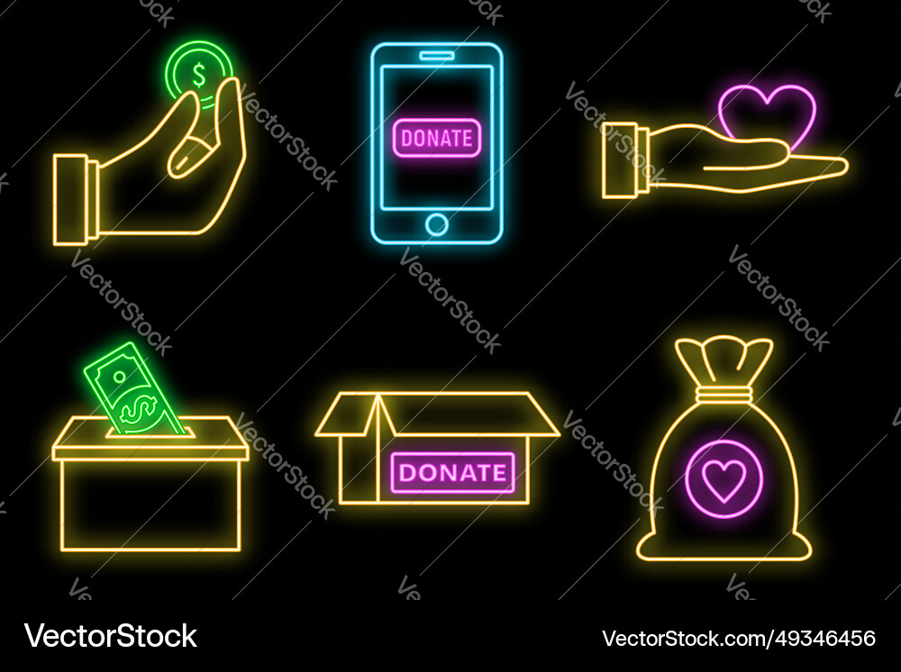 Charity donations icons set neon Royalty Free Vector Image