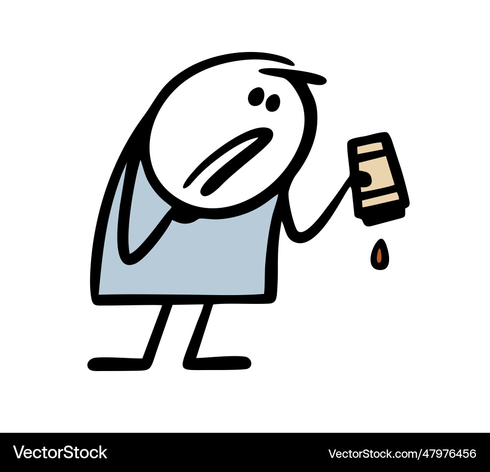 Frustrated stickman holds an inverted paper cup Vector Image
