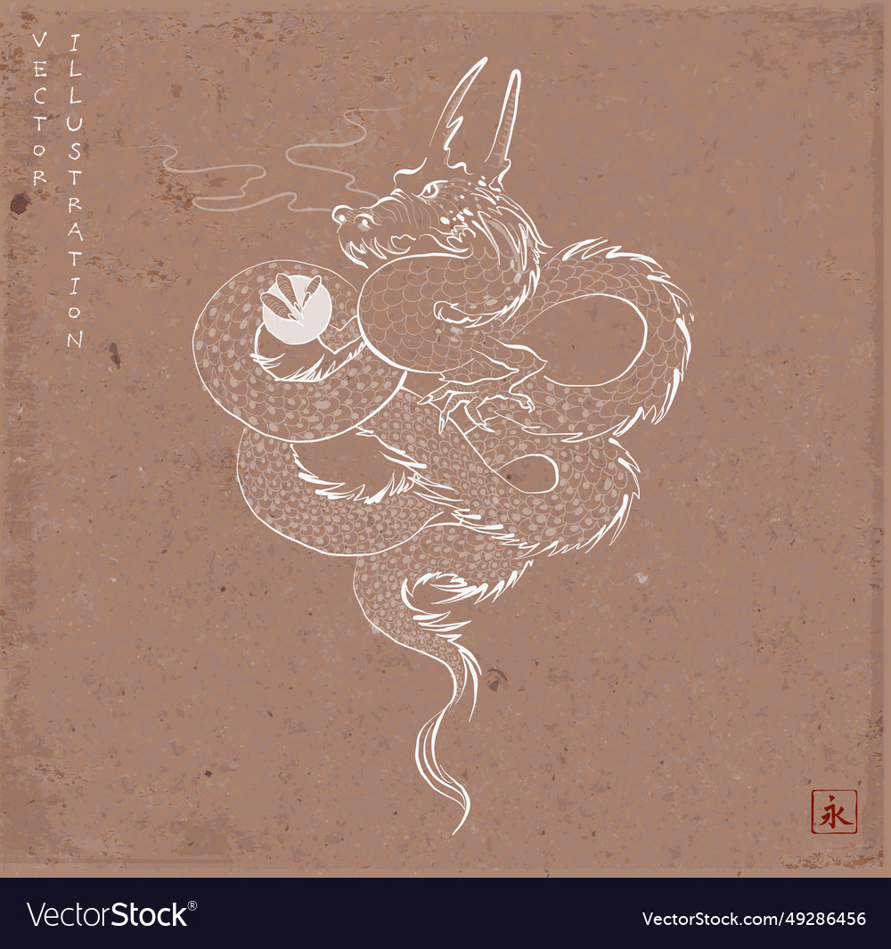 Hand drawn image of oriental dragon on brown Vector Image