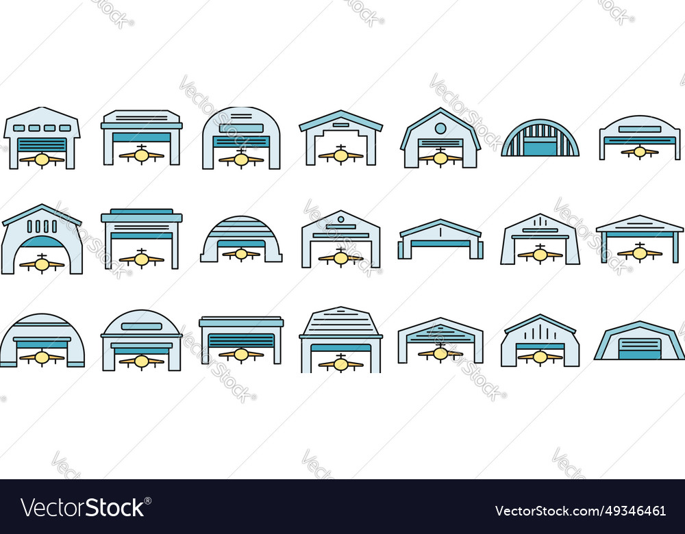 Airport hangar icons set color Royalty Free Vector Image