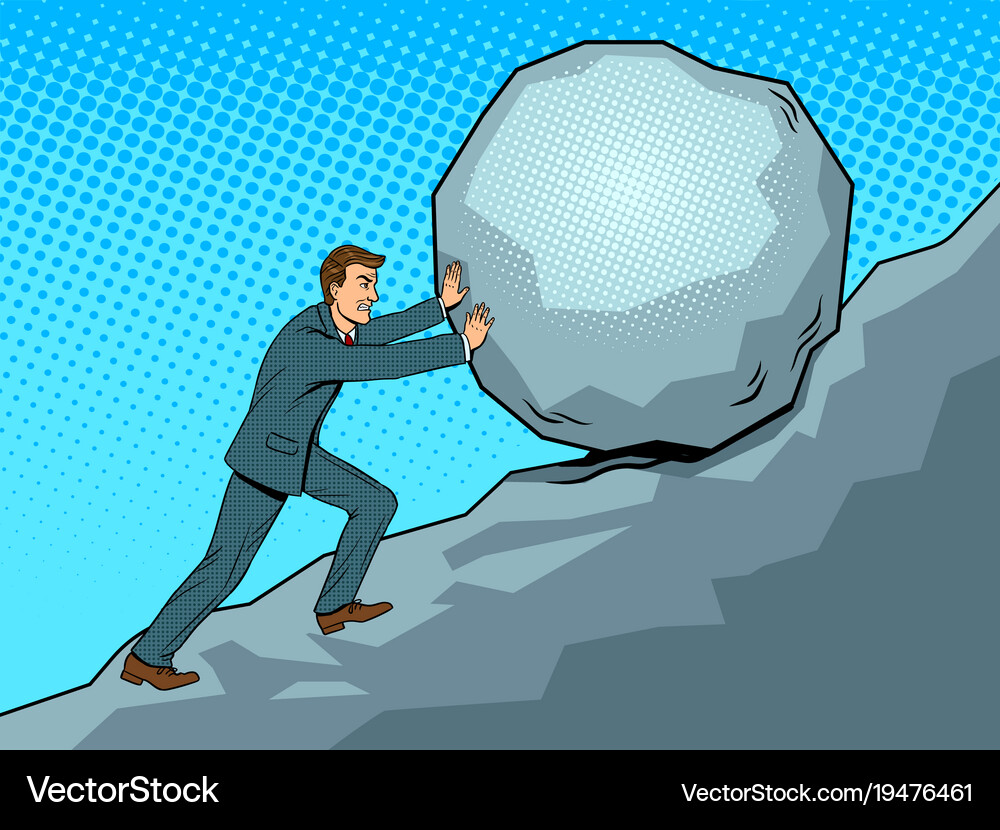 Businessman pushing rock uphill pop art Royalty Free Vector