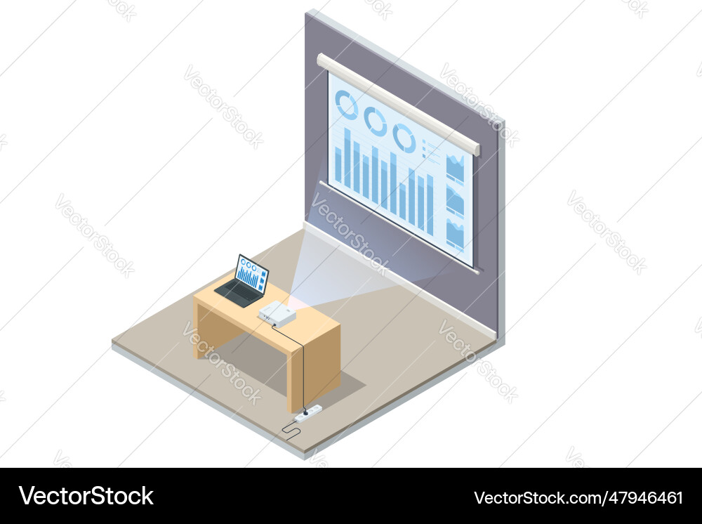 Isometric video projector at business conference Vector Image