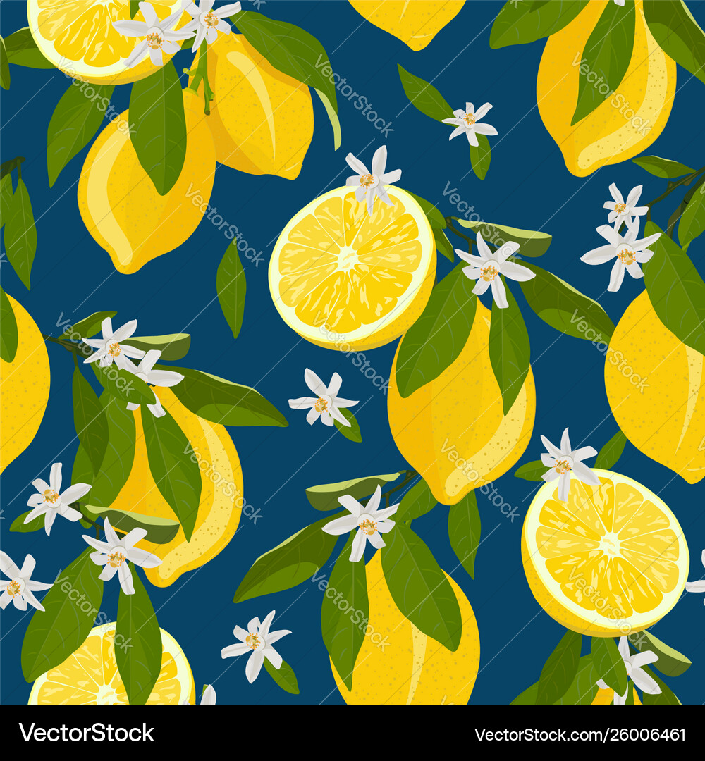 Lemon fruits seamless pattern with flowers and Vector Image