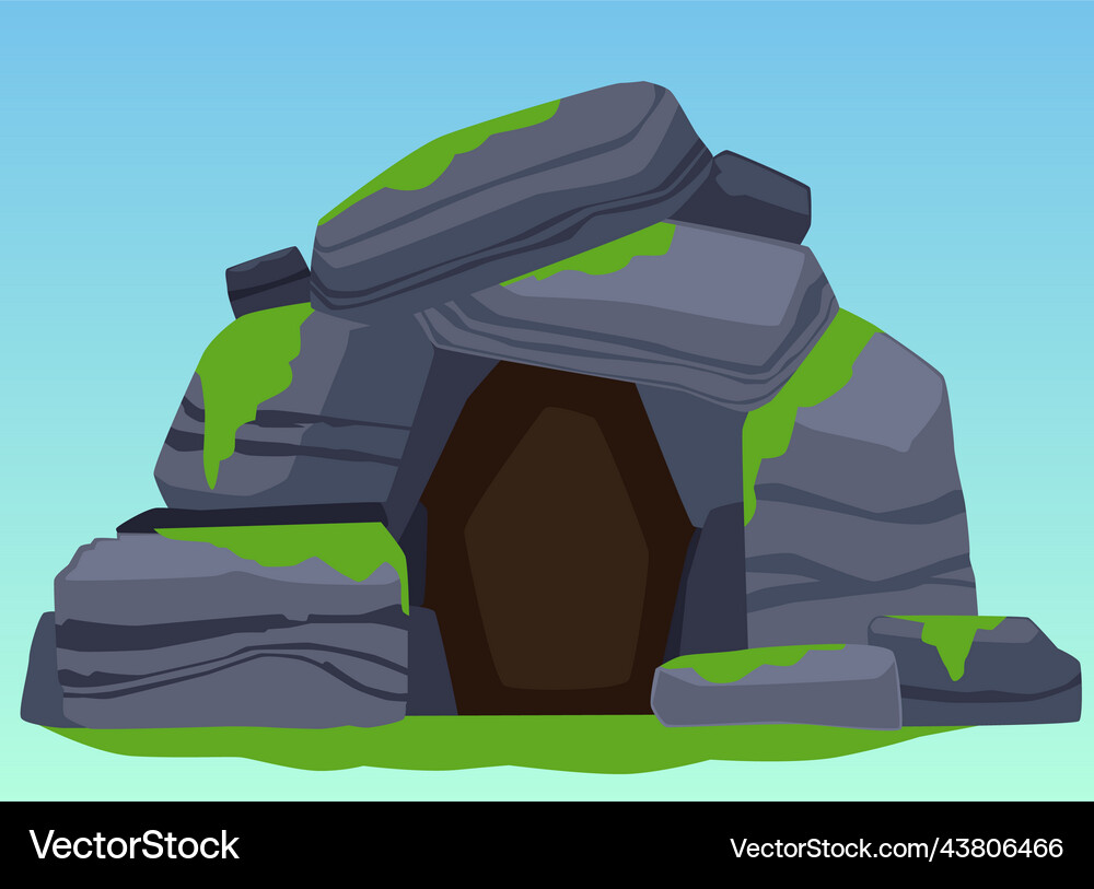 Stone cave overgrown with moss with entrance flat Vector Image