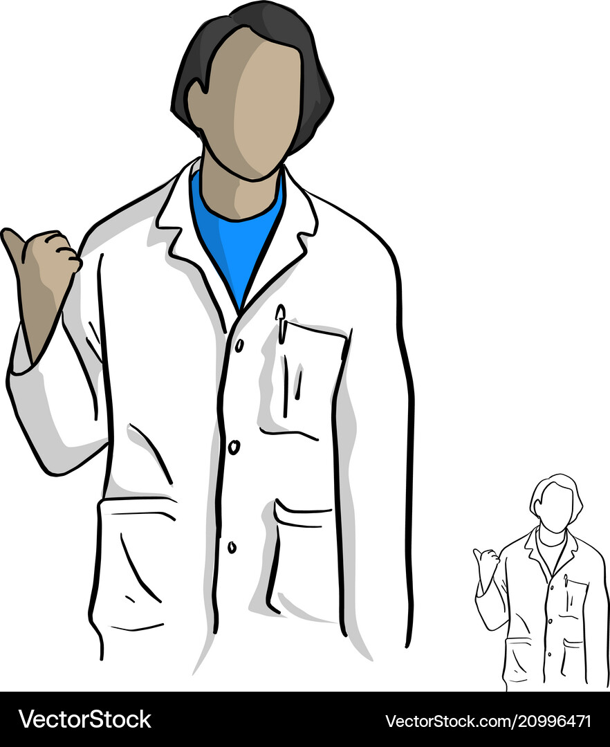 Doctor in white gown making a gesture pointing Vector Image
