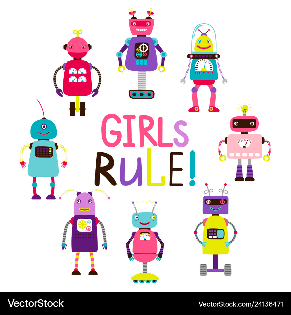 Girls rule print with arobots Royalty Free Vector Image