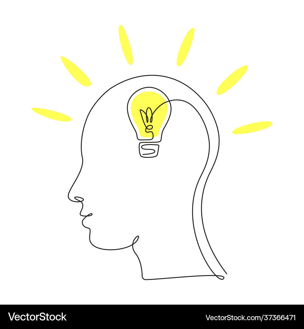 Lightbulb in head in one single line drawing Vector Image