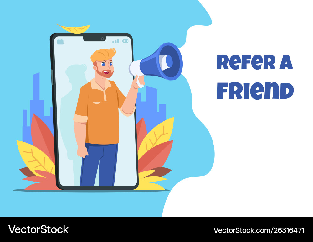 Refer a friend character with megaphone sharing Vector Image
