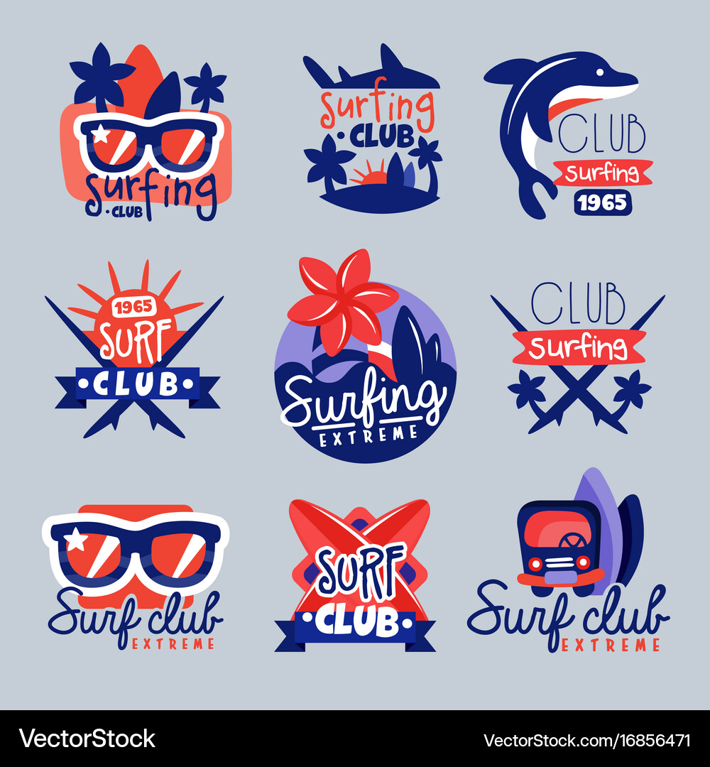 Surfing club logo templates set surf club emblem Vector Image