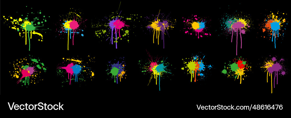 Color ink splashes with drips and drops on black Vector Image