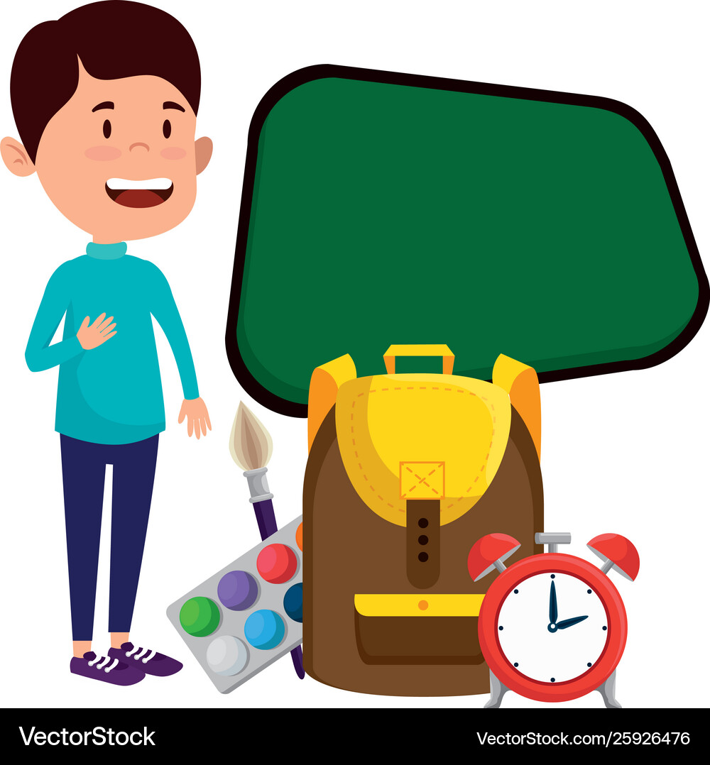 Happy student boy with chalkboard and alarm clock Vector Image