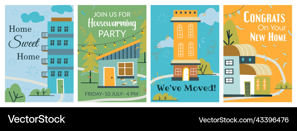 New home celebration colorful postcard design set Vector Image