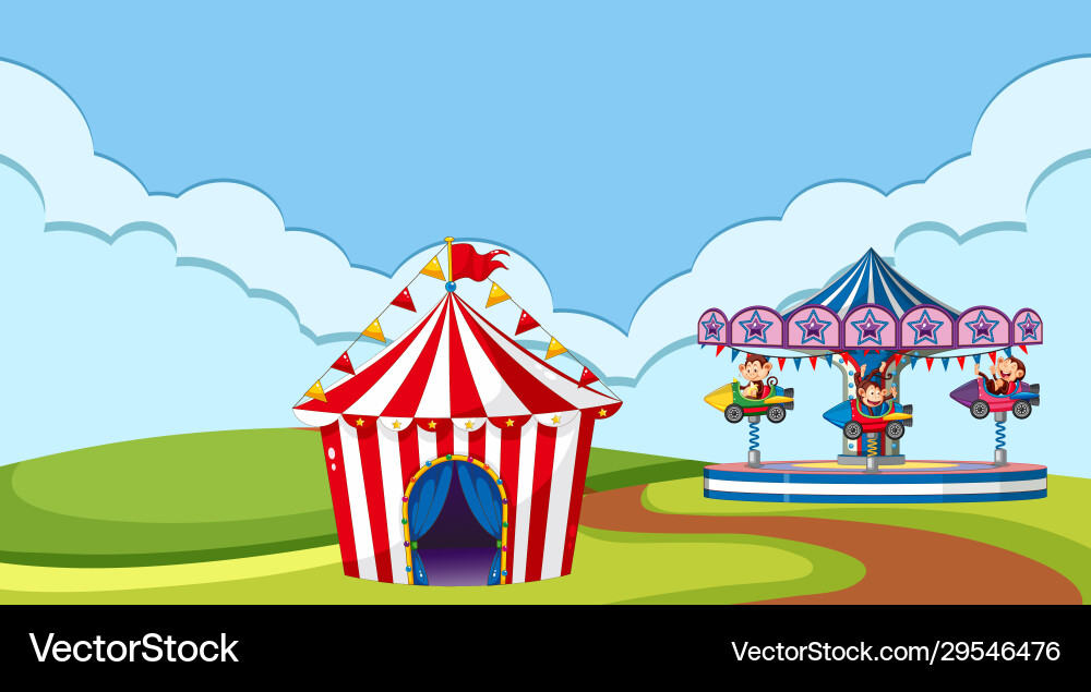 Scene with happy monkeys riding on rocket ride in Vector Image