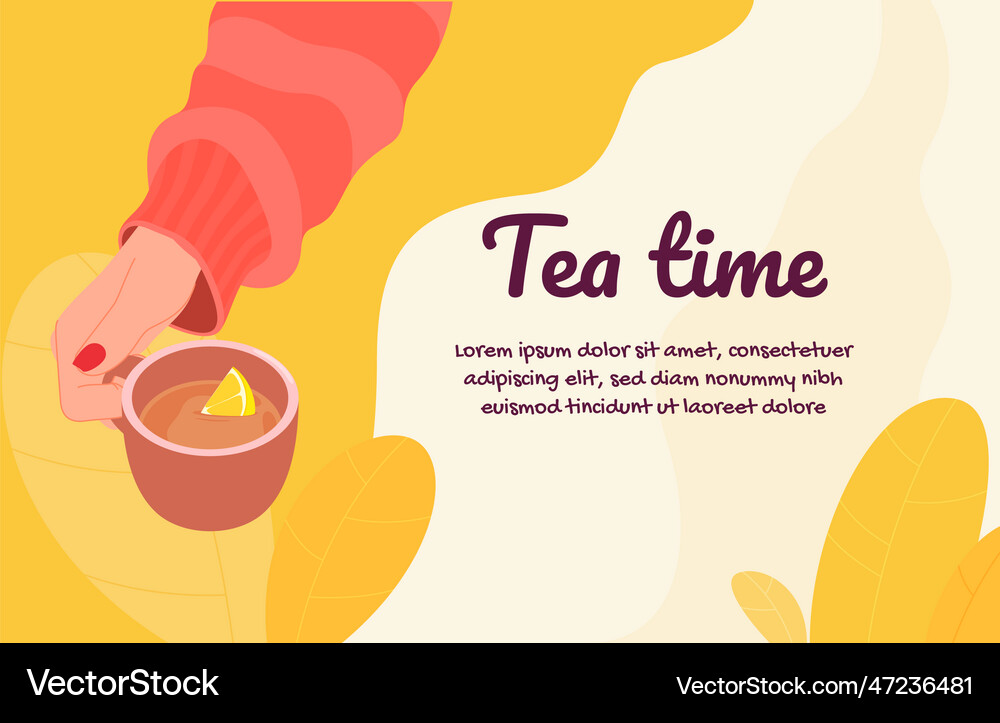 Banner tea time hands hold cups with hot tea Vector Image