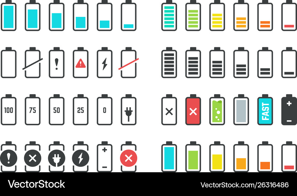 Battery icons phone charge level ui design Vector Image