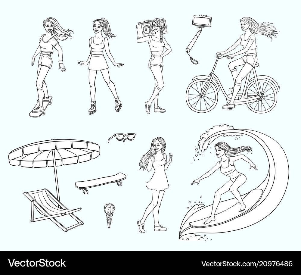 Sketch girls summer leisure activity set Vector Image