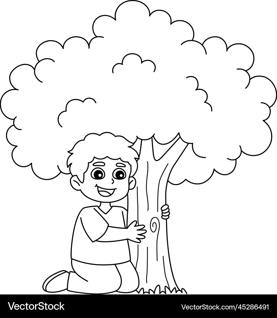 Boy hugging a tree isolated coloring page for kids