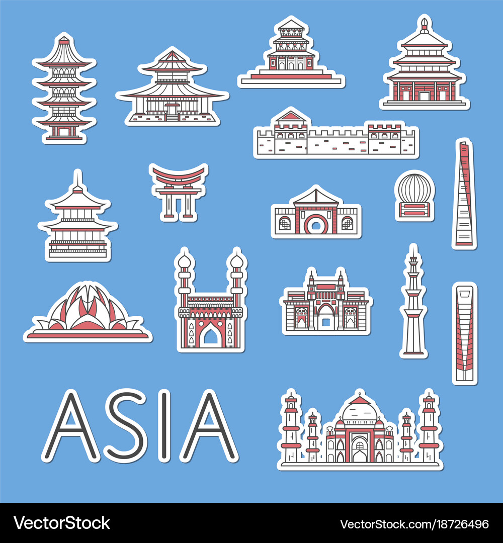Asian traveling labels set in linear style Vector Image