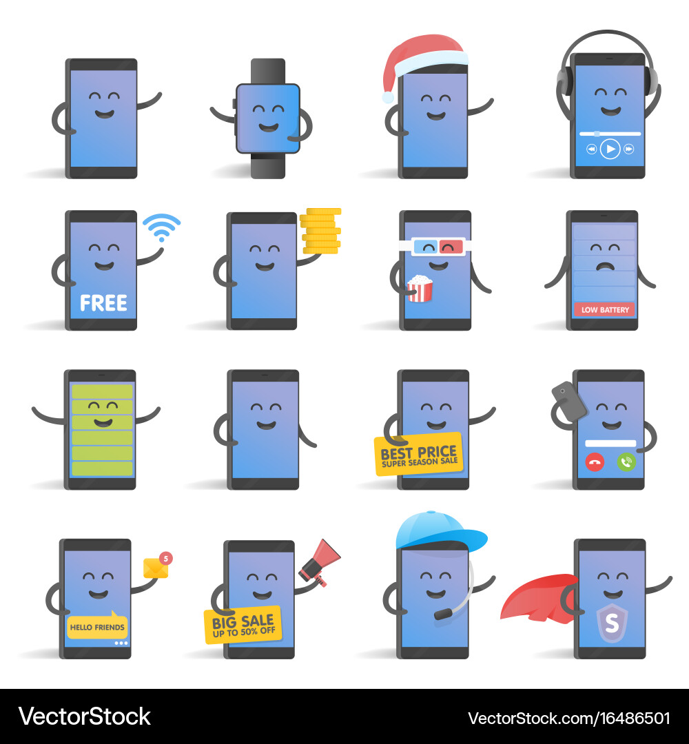 Happy cartoon smart phone character set great Vector Image