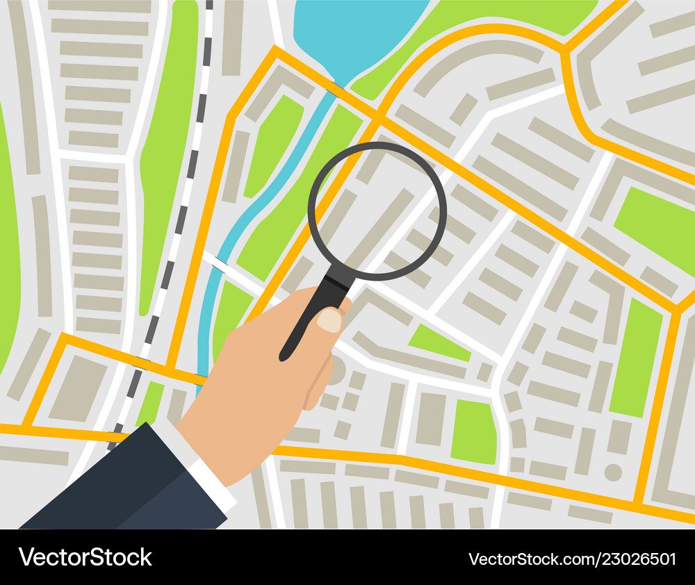 Marker on the city map under the magnifying Vector Image