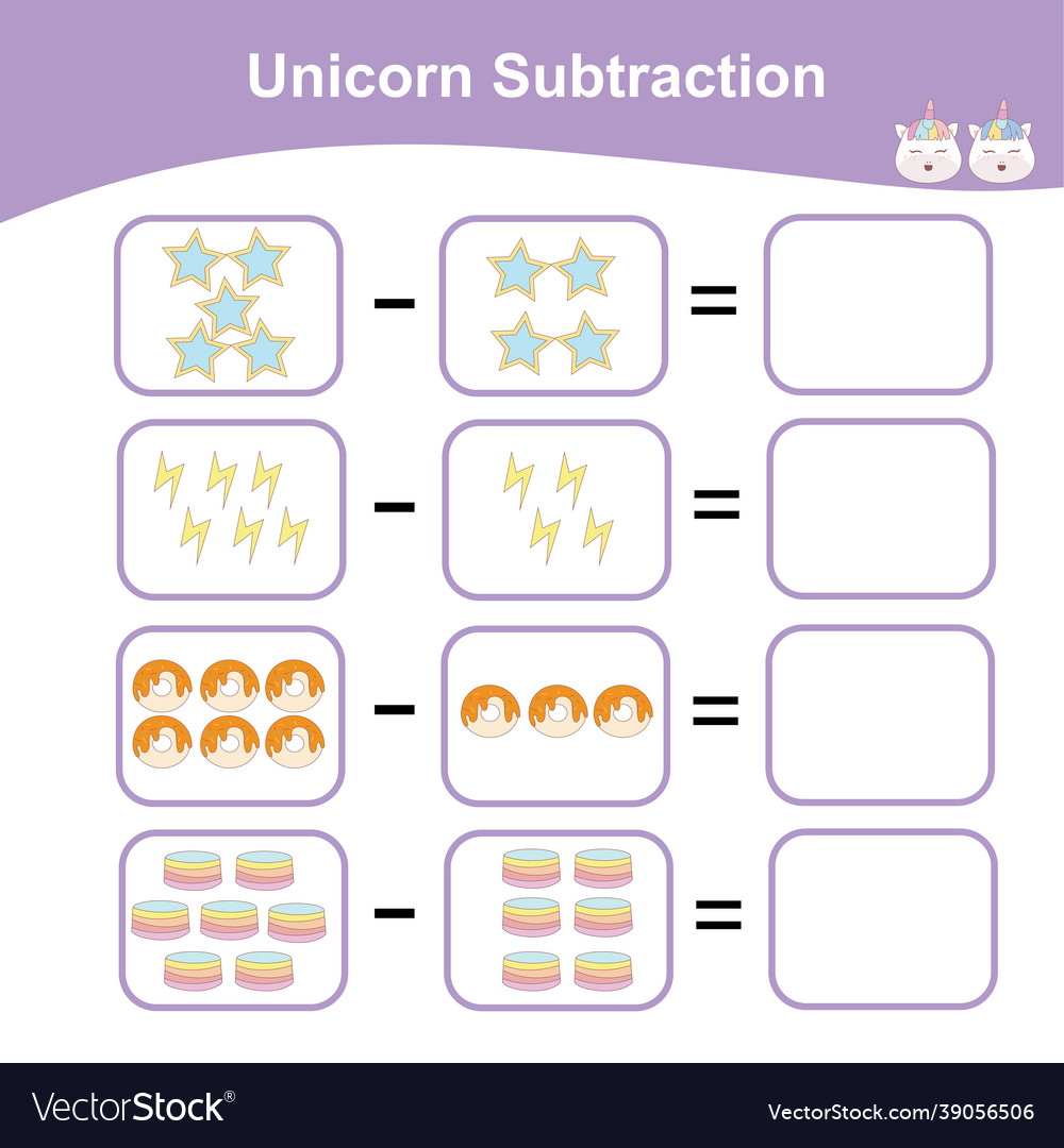 Unicorn subtraction math game for preschool count Vector Image