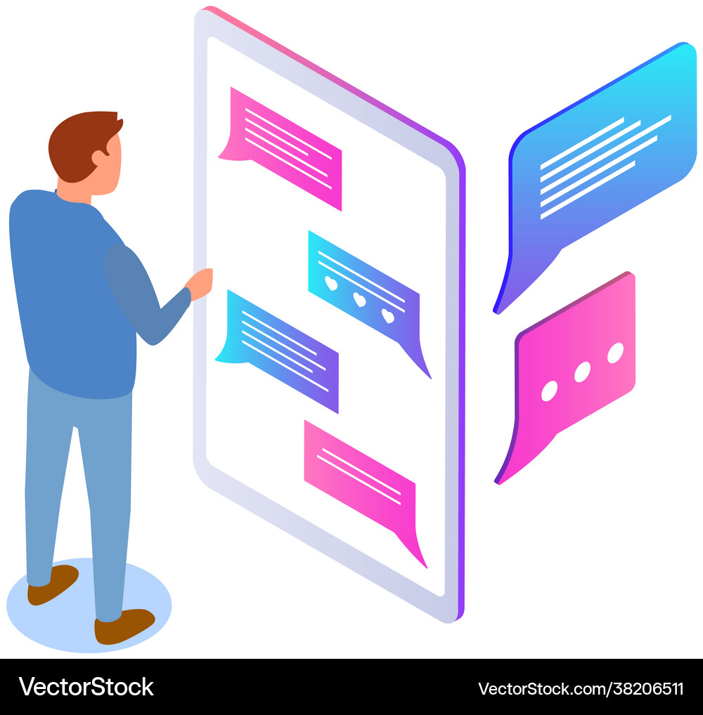Male character uses smartphone application to chat