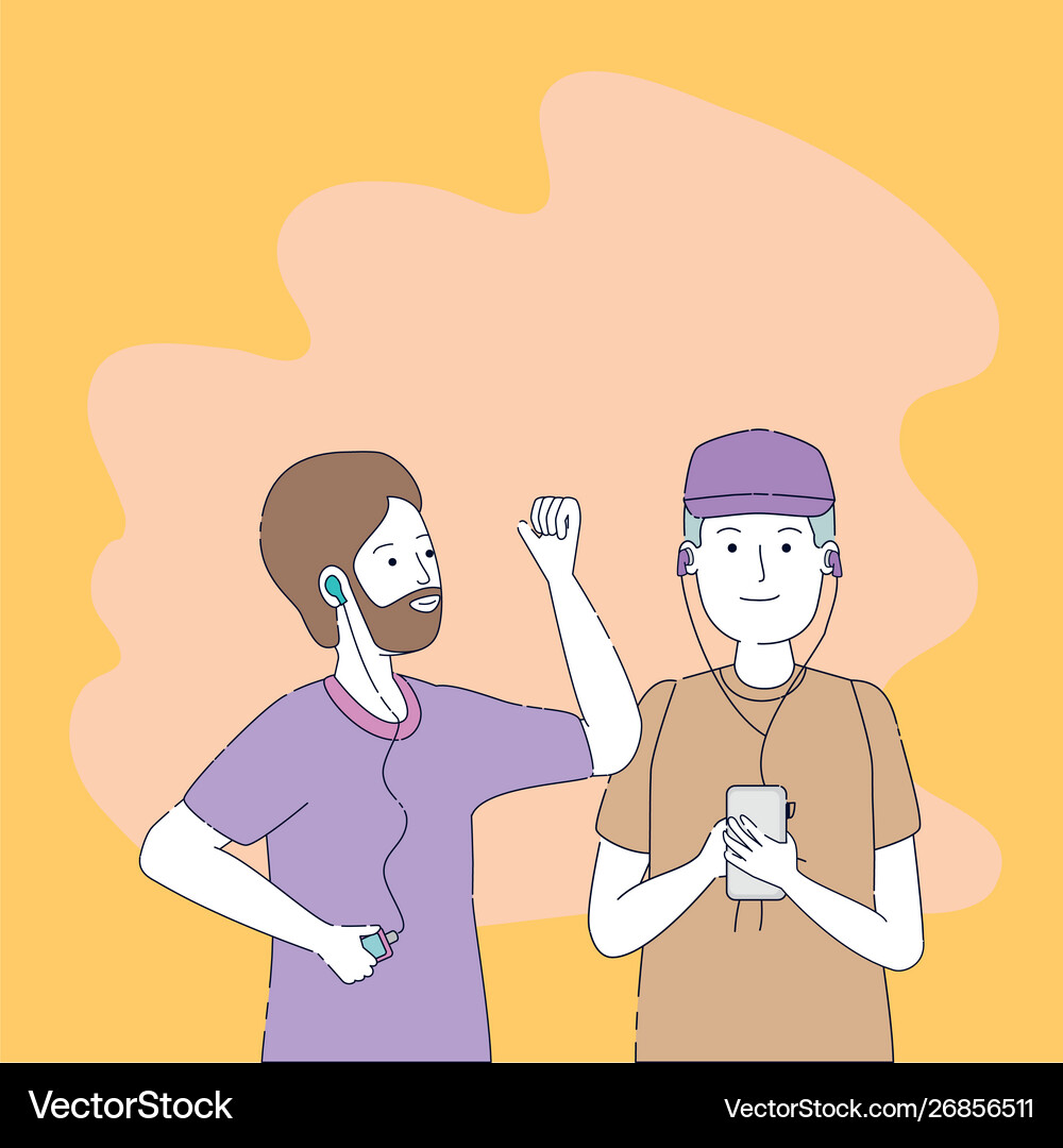 Young men listen music with player characters Vector Image