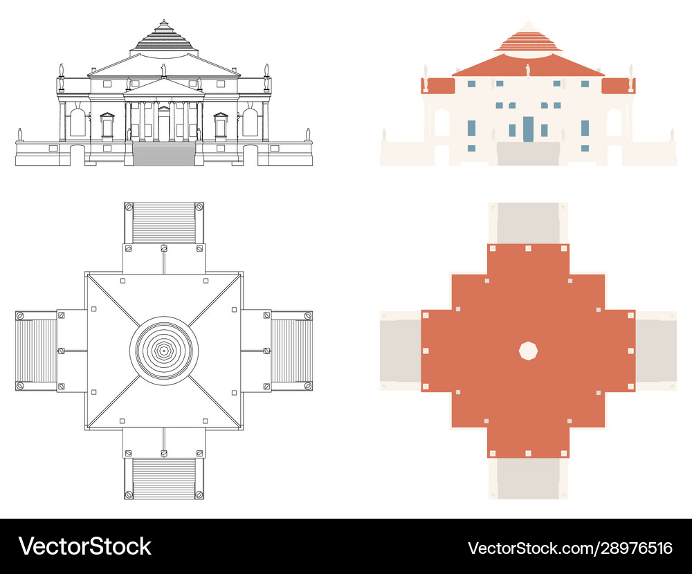 La rotonda house in front and top view Royalty Free Vector