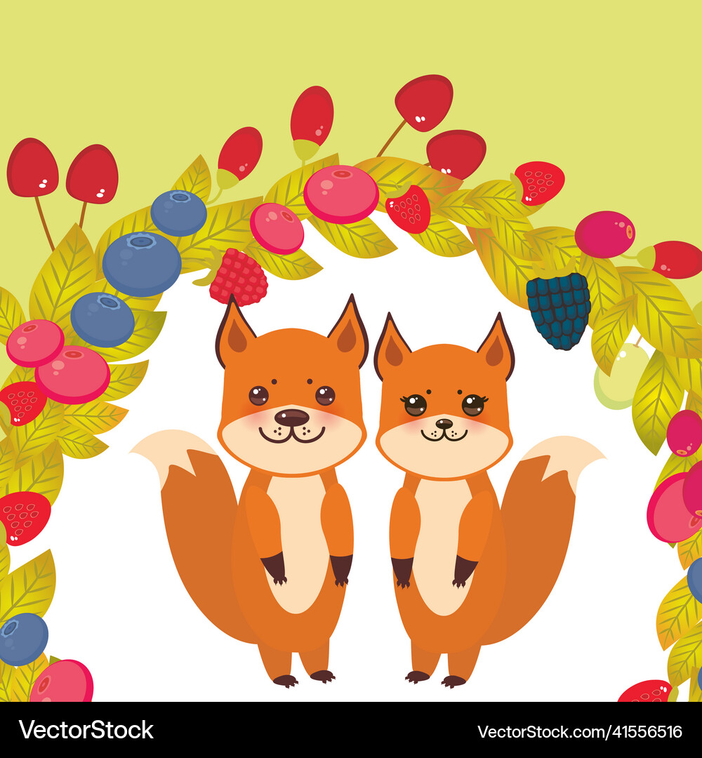 Round wreath cute kawaii fox cherry strawberry Vector Image