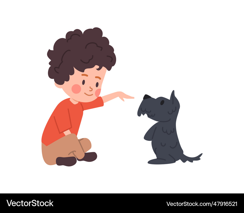 Curly child boy teaches dog to follow command flat