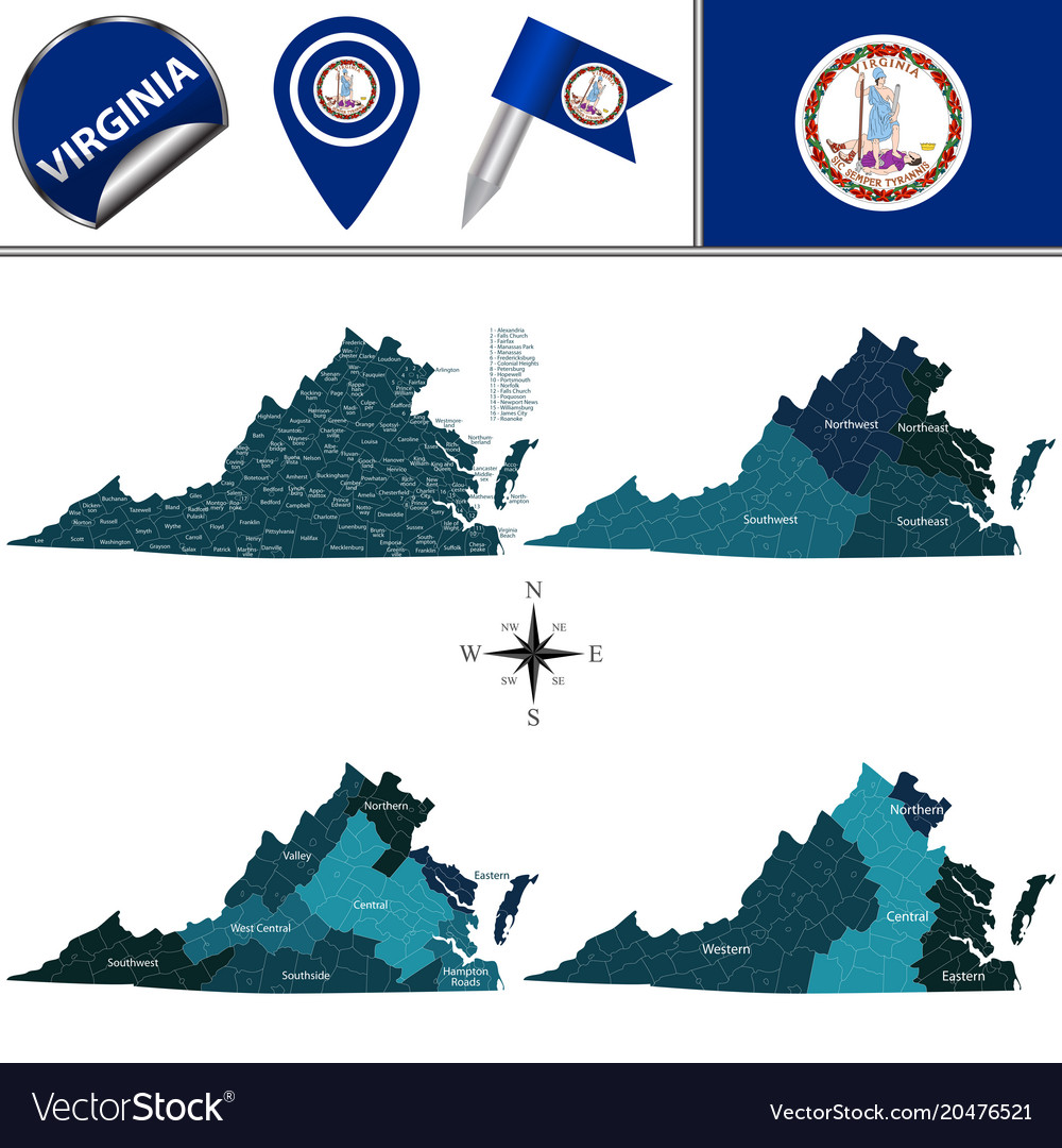 Map of virginia with regions Royalty Free Vector Image