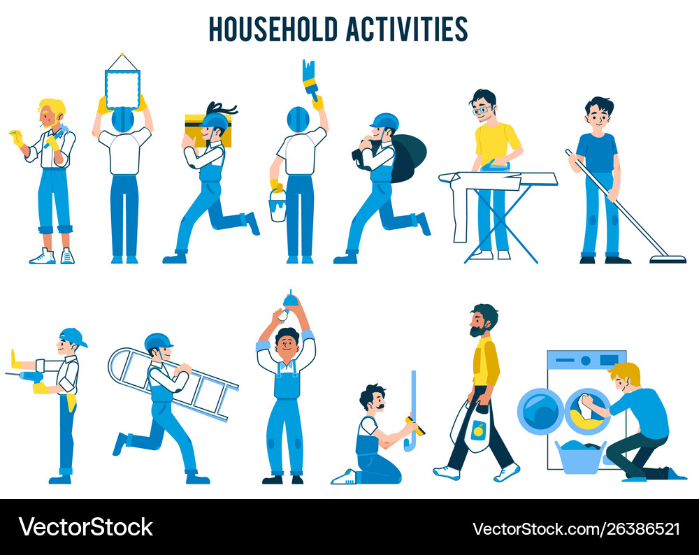 Set household activities in flat cartoon style Vector Image