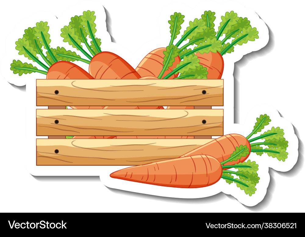 Sticker template with carrots in wooden box Vector Image
