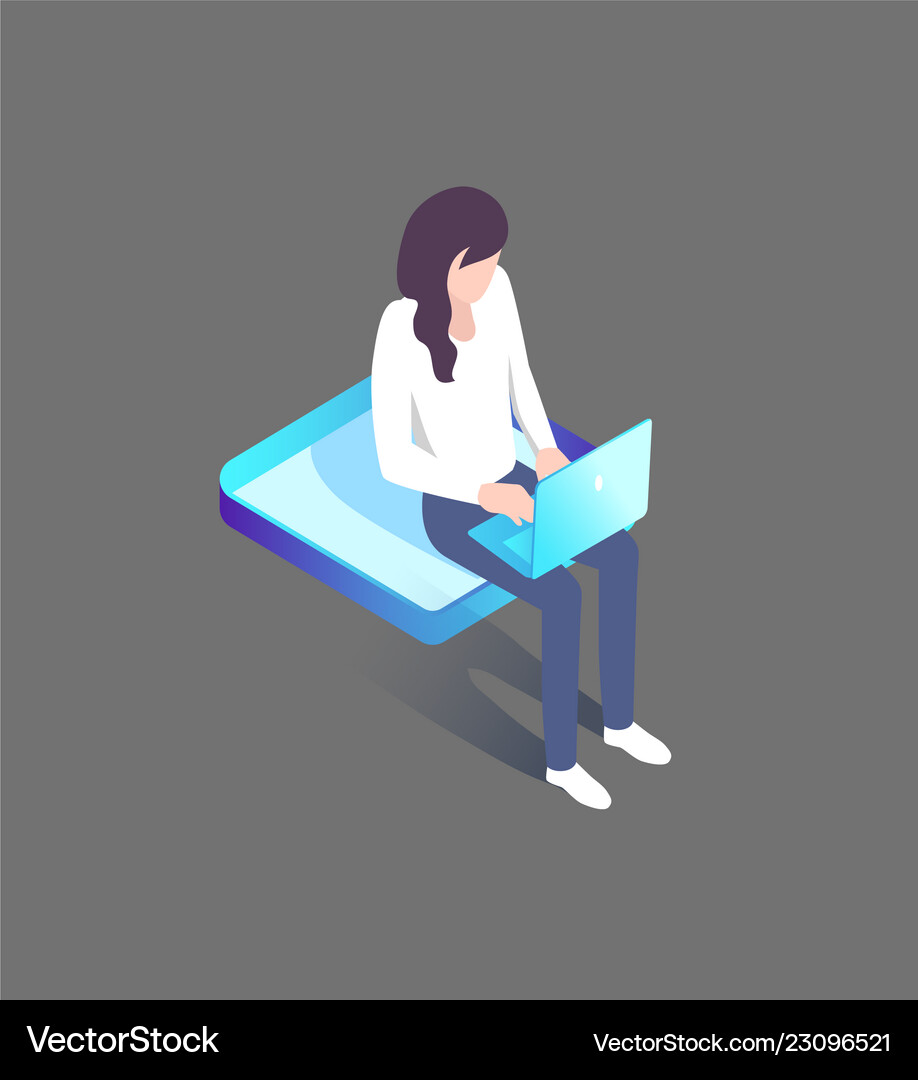 Woman typing on laptop sitting on platform 3d icon