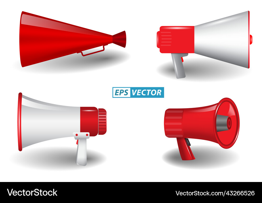 Set or realistic red megaphone horn loudspeaker Vector Image