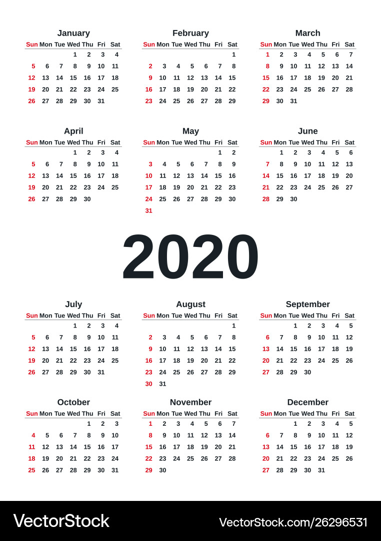 2020 calendar year template planner Royalty Free Vector