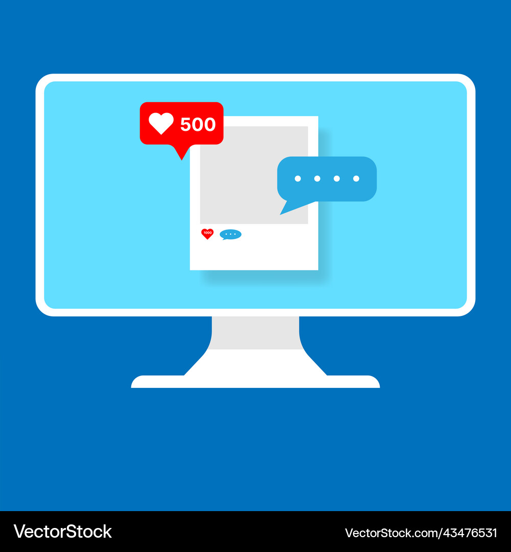 Computer with photo frame and social media Vector Image