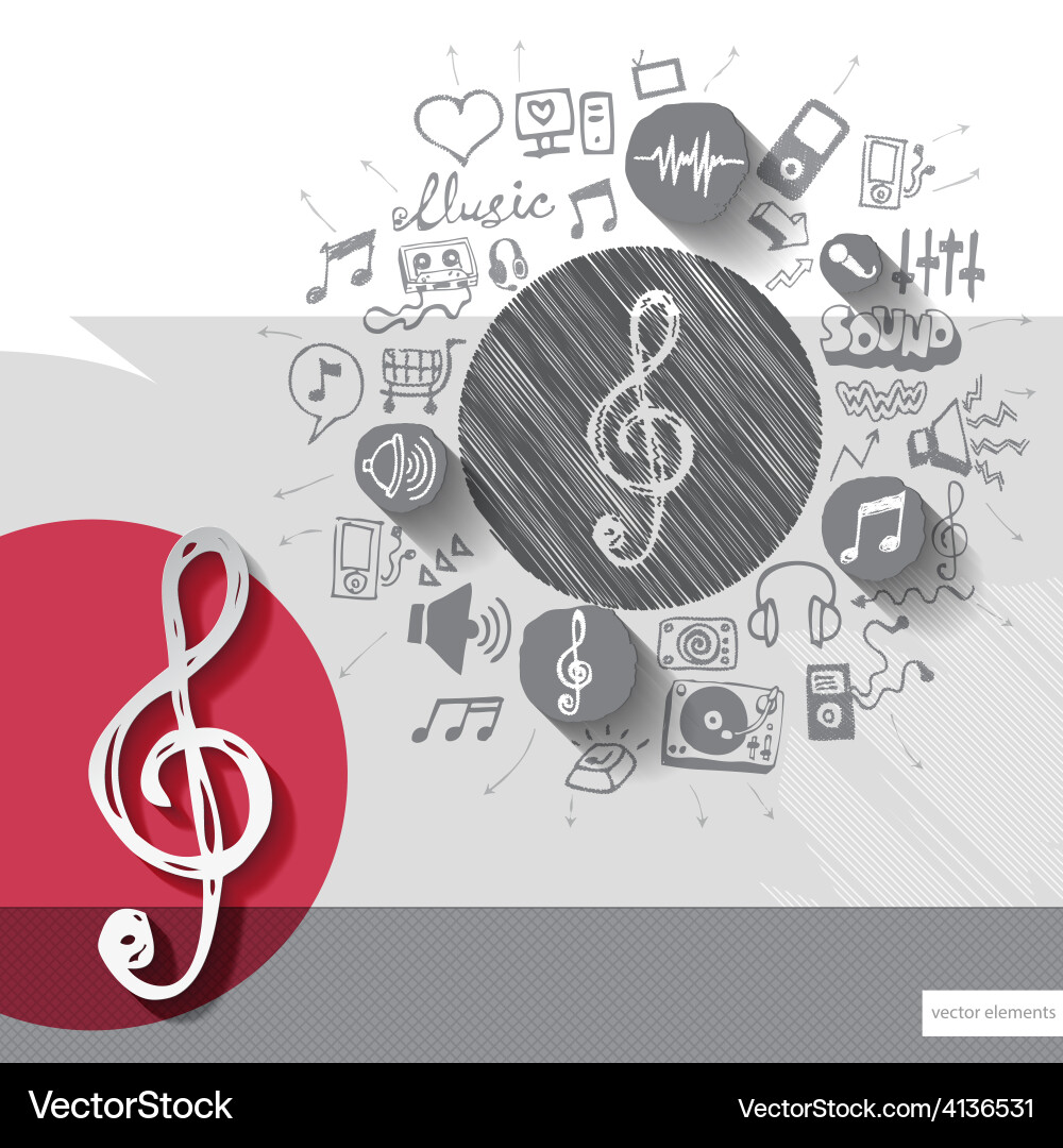 Hand drawn treble clef icons with icons background