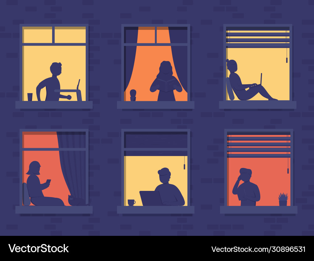 People in windows house look out room Royalty Free Vector