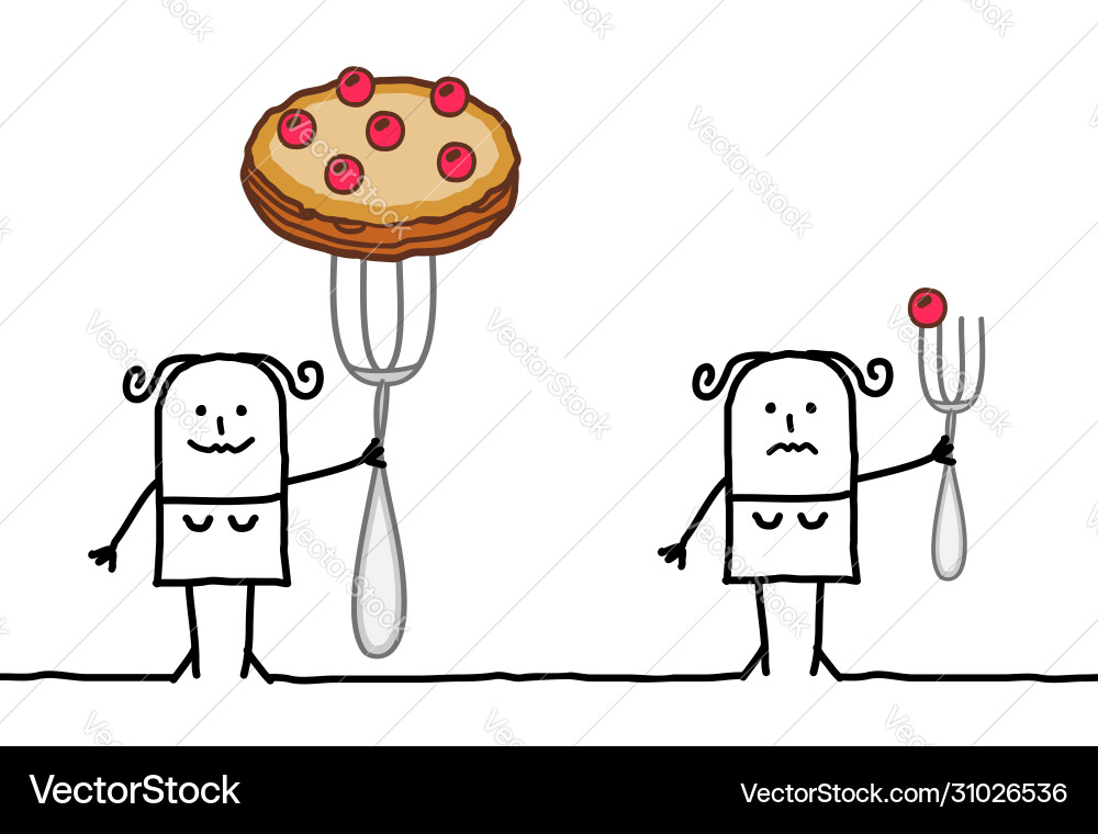 Cartoon woman with a big pie on a fork next Vector Image