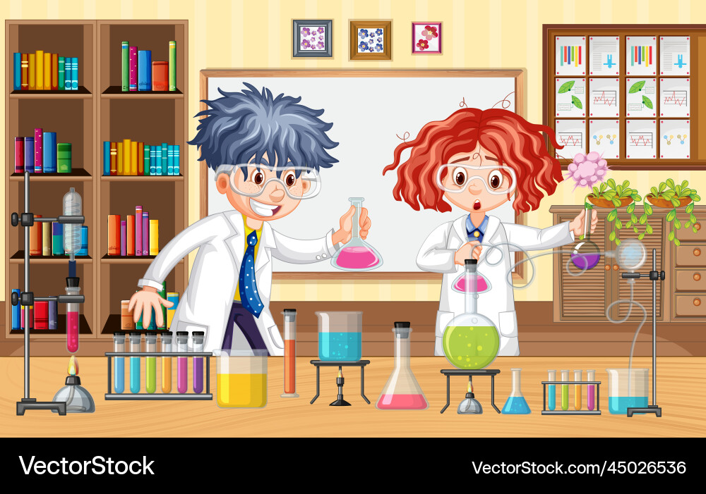 Lab scene with scientist kids Royalty Free Vector Image