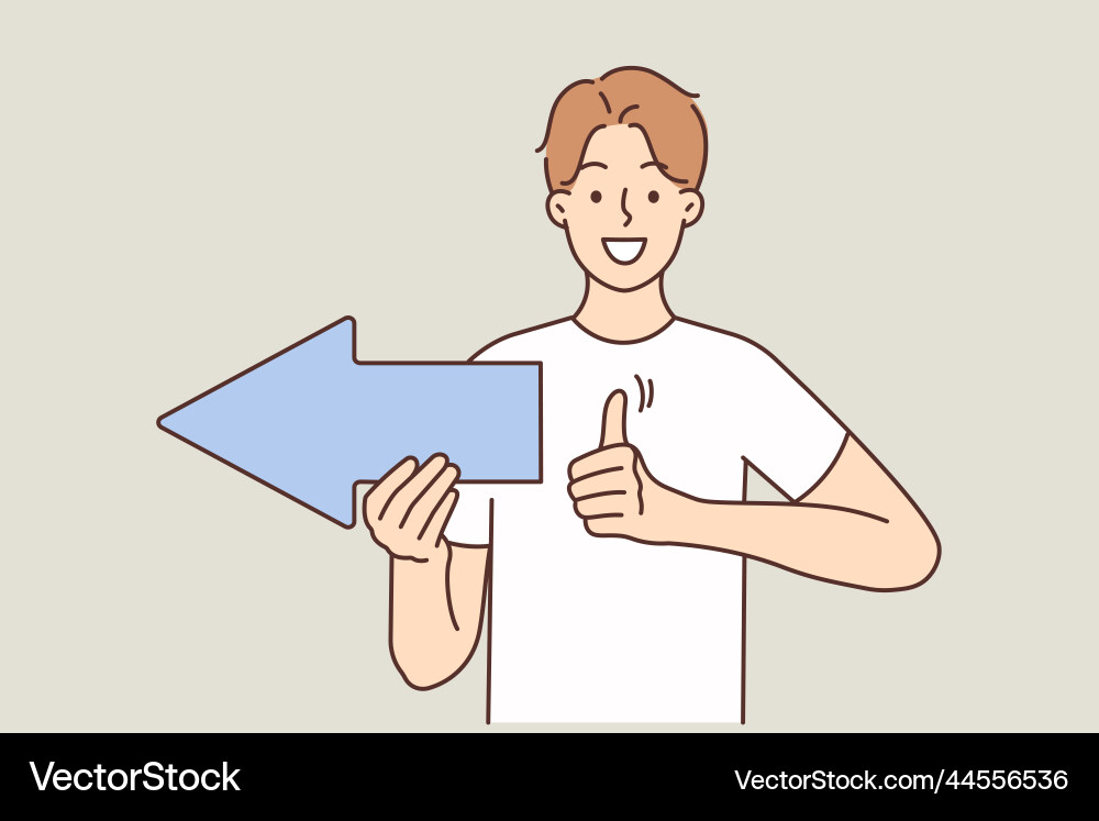 Smiling man with direction sign show thumb up Vector Image