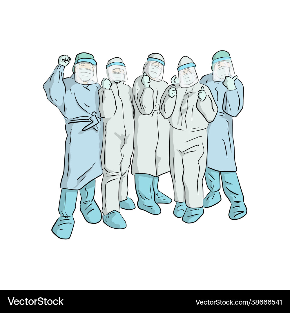 Five people in ppe suit with thumbs up hand drawn Vector Image