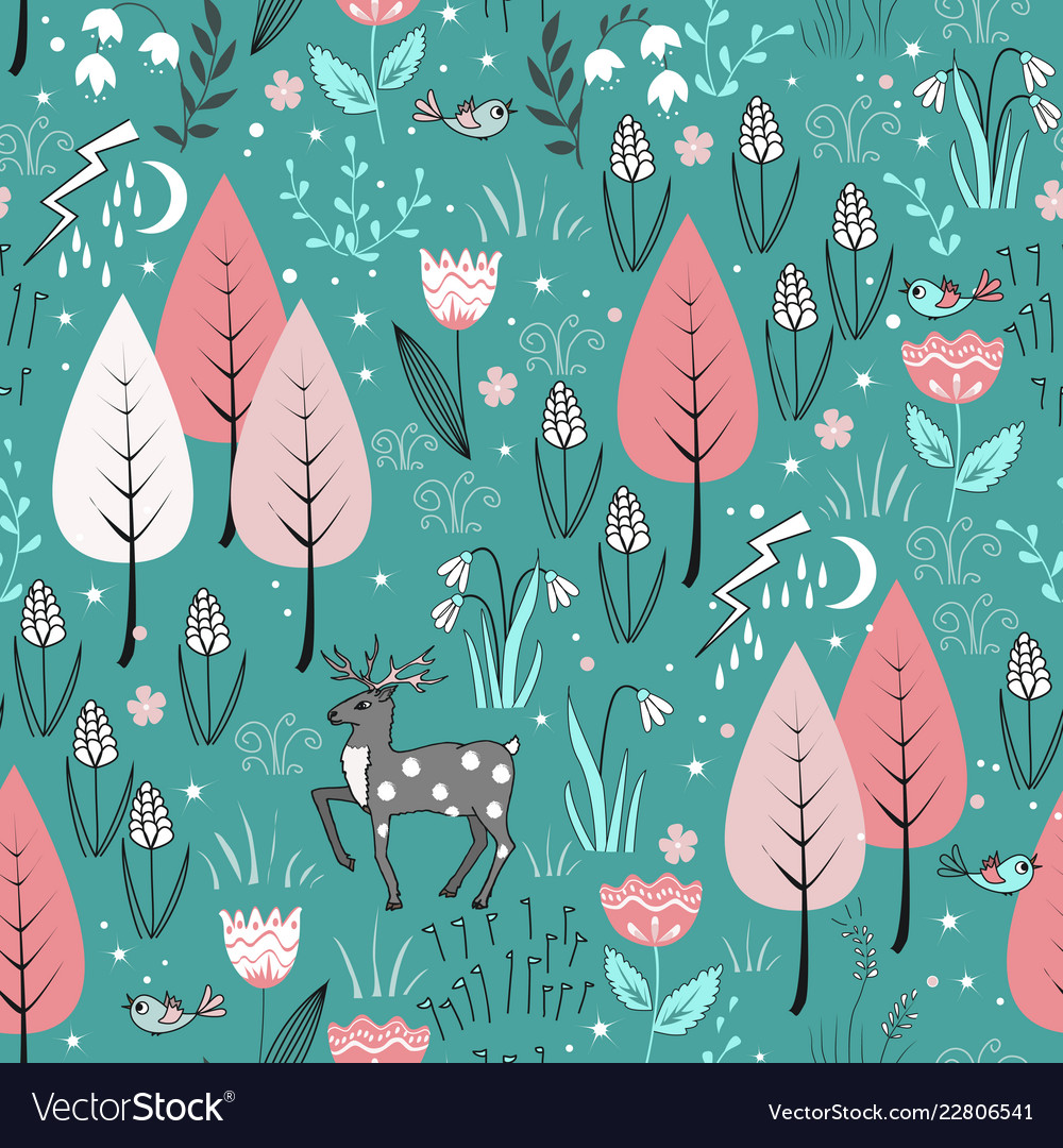 Spring pattern with deer birds flowers Royalty Free Vector