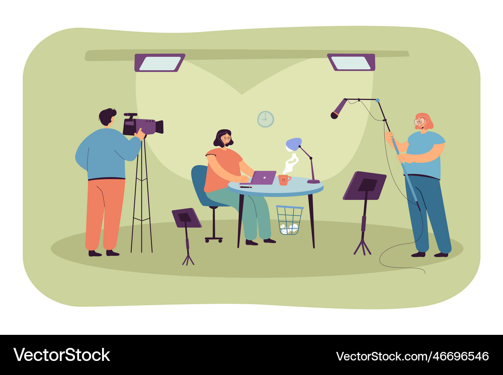 People filming tv show in studio flat Royalty Free Vector