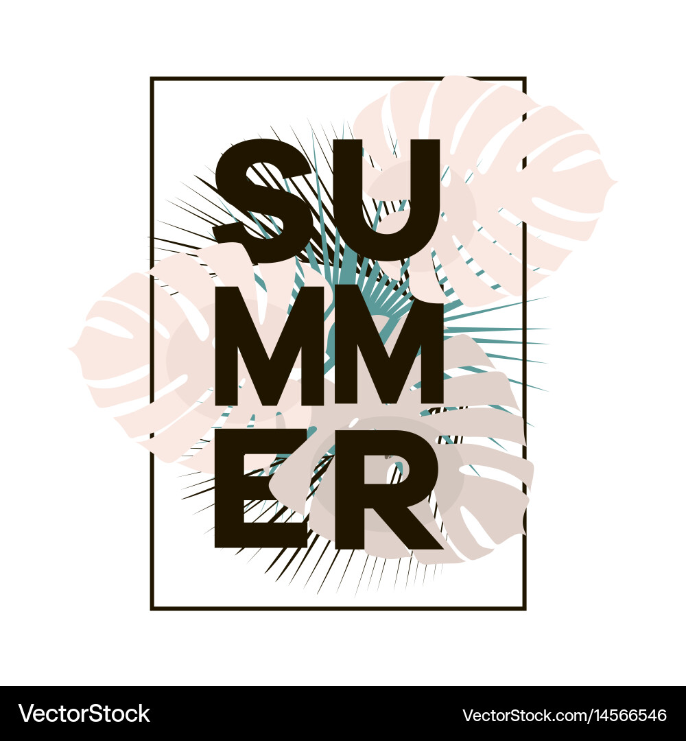 Summer text in black frame with tropical leaves Vector Image
