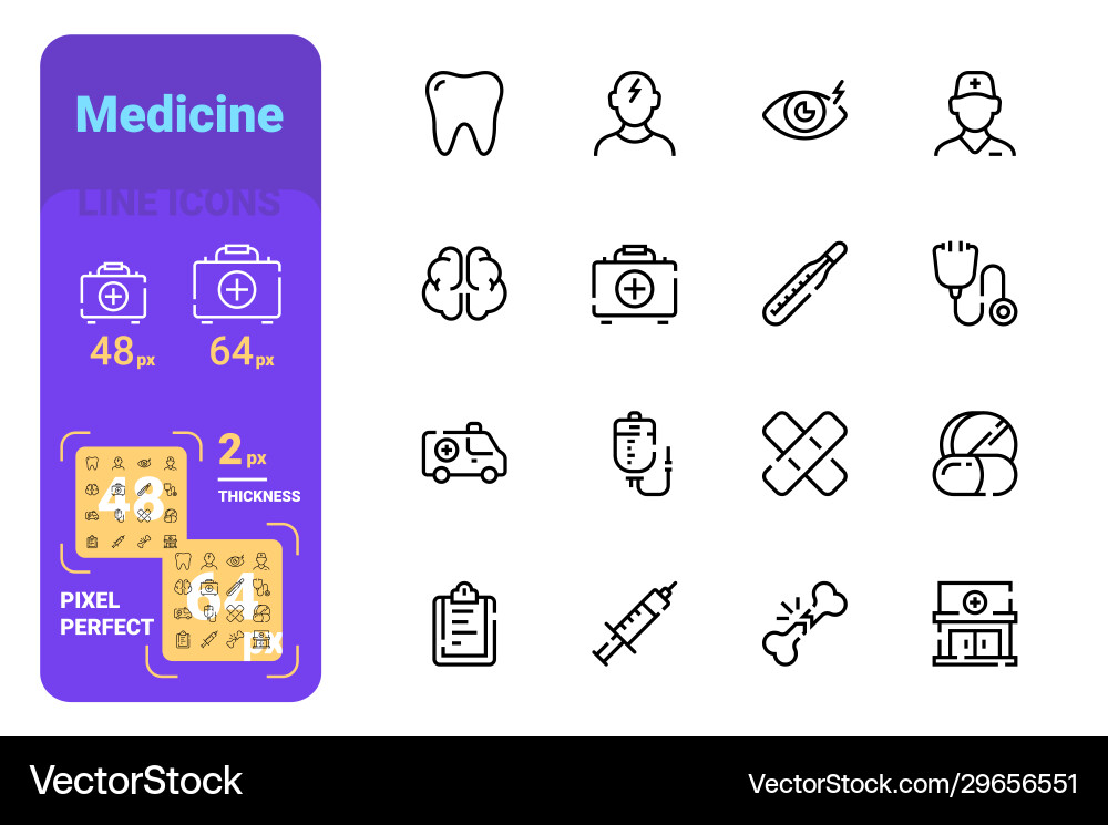 Set medicine simple lines icons headache Vector Image